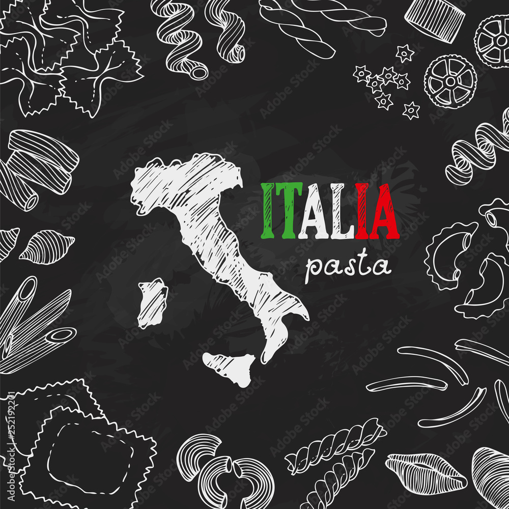 Italian pasta, background with hand drawn pasta and map of Italia ...