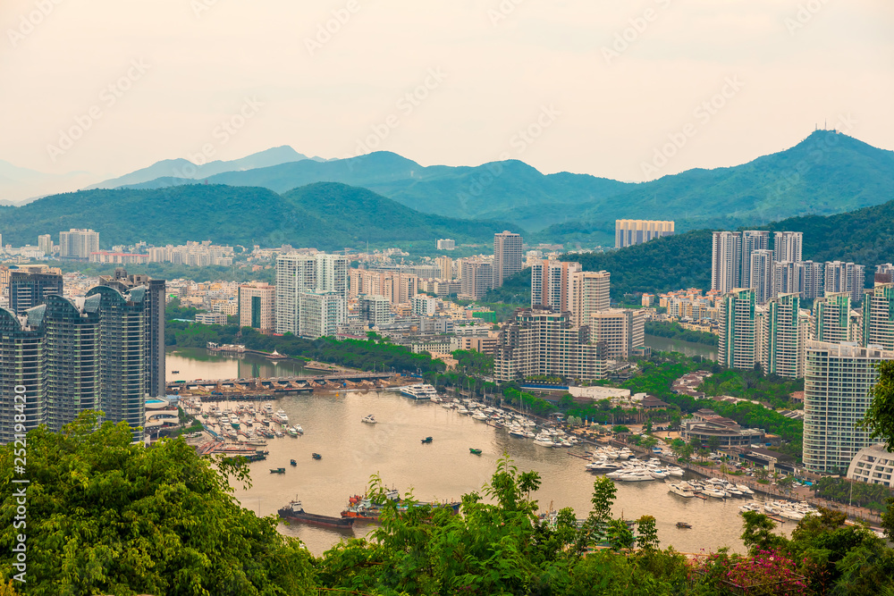 Beautiful Panoramic view of the resort city, China, Hainan. Town Sanya ...