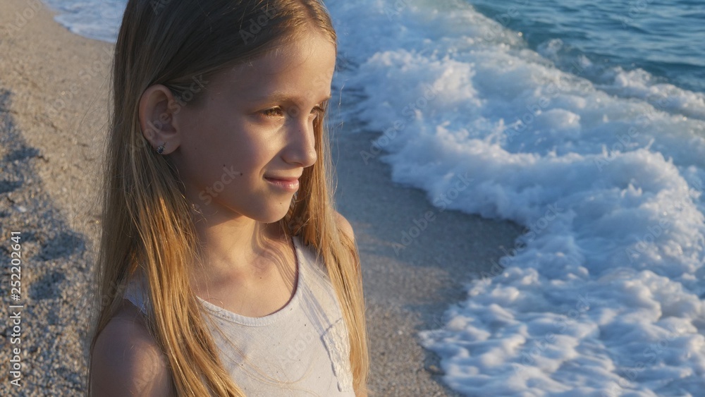 Child Playing on Beach in Sunset, Kid Watching Sea Waves, Girl Portrait ...
