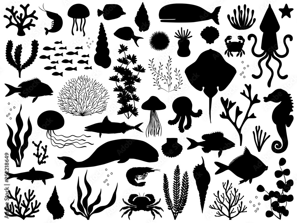 Sea life vector silhouette illustration set Stock Vector | Adobe Stock