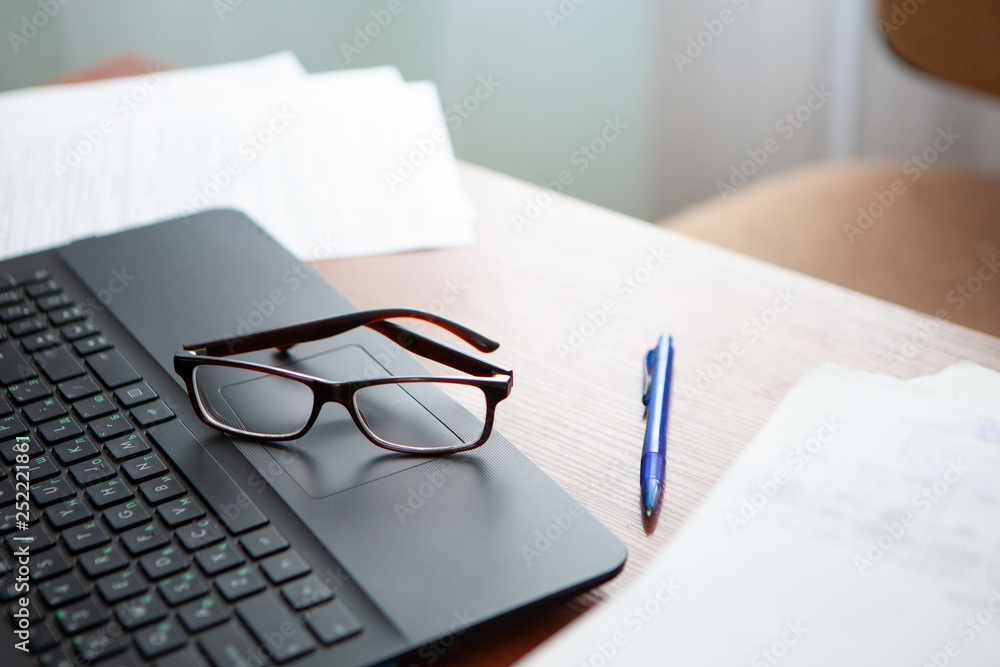 office desk a stack of computer paper reports work forms Stock Photo ...