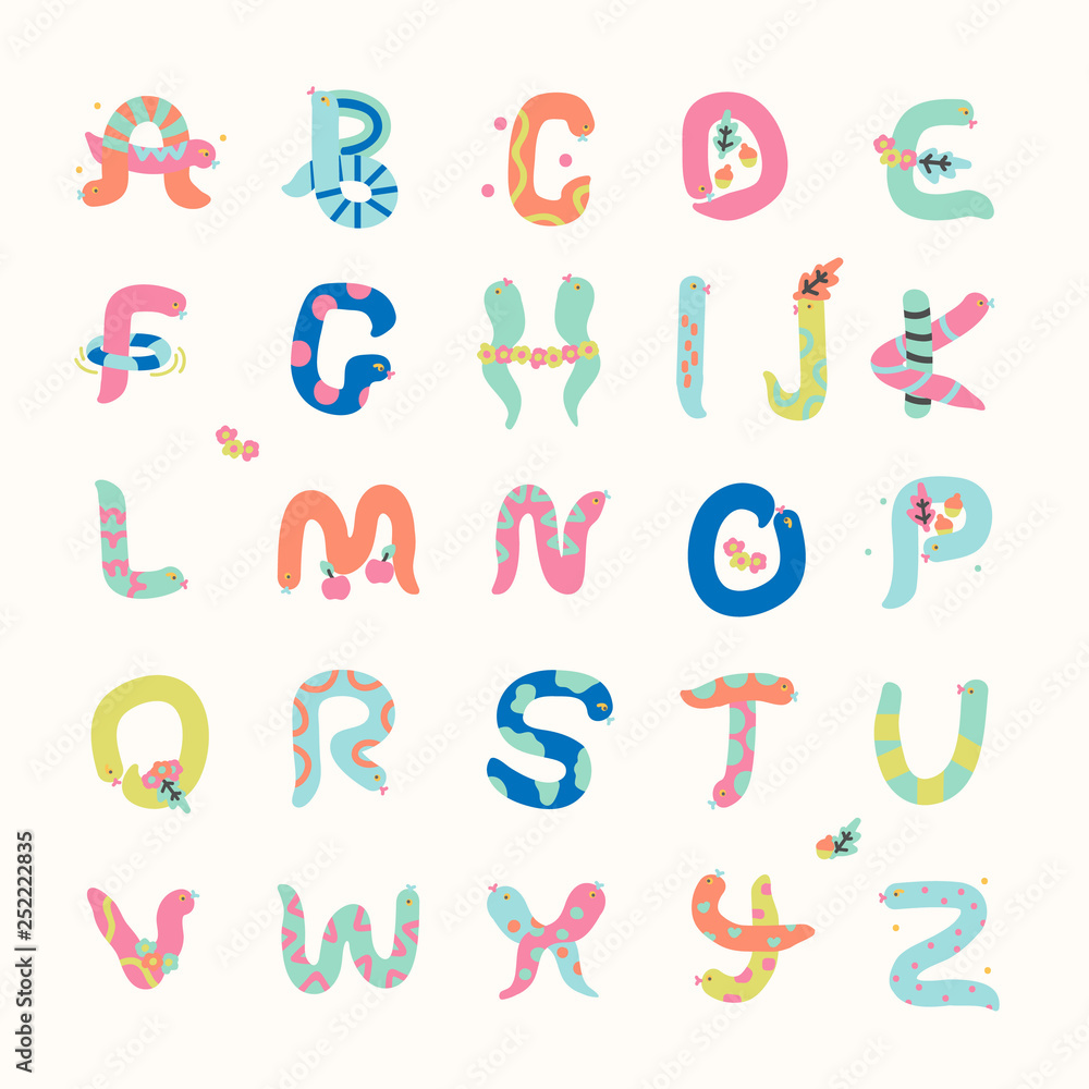 set of cartoon snake alphabet on white background, font for children ...