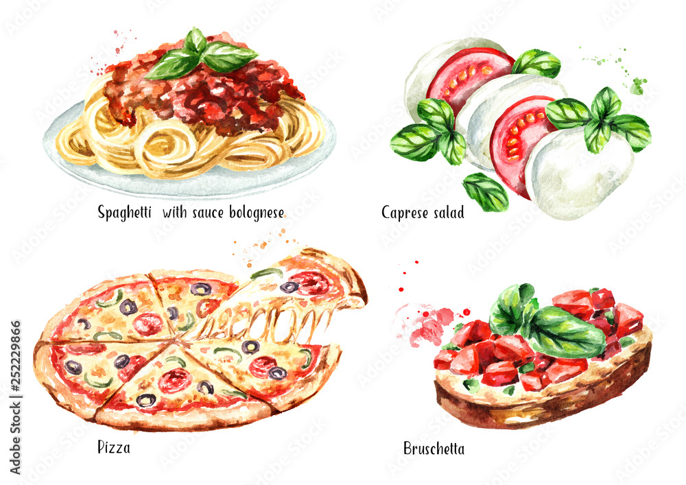 Italian food set. Pizza, spaghetti with sause bolognese, Caprese salad ...