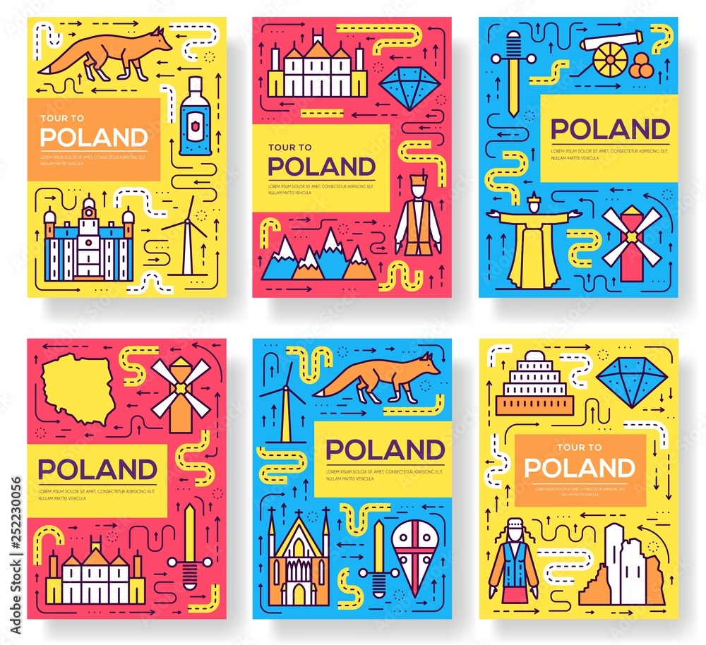 Poland vector brochure cards thin line set. Country travel template of ...