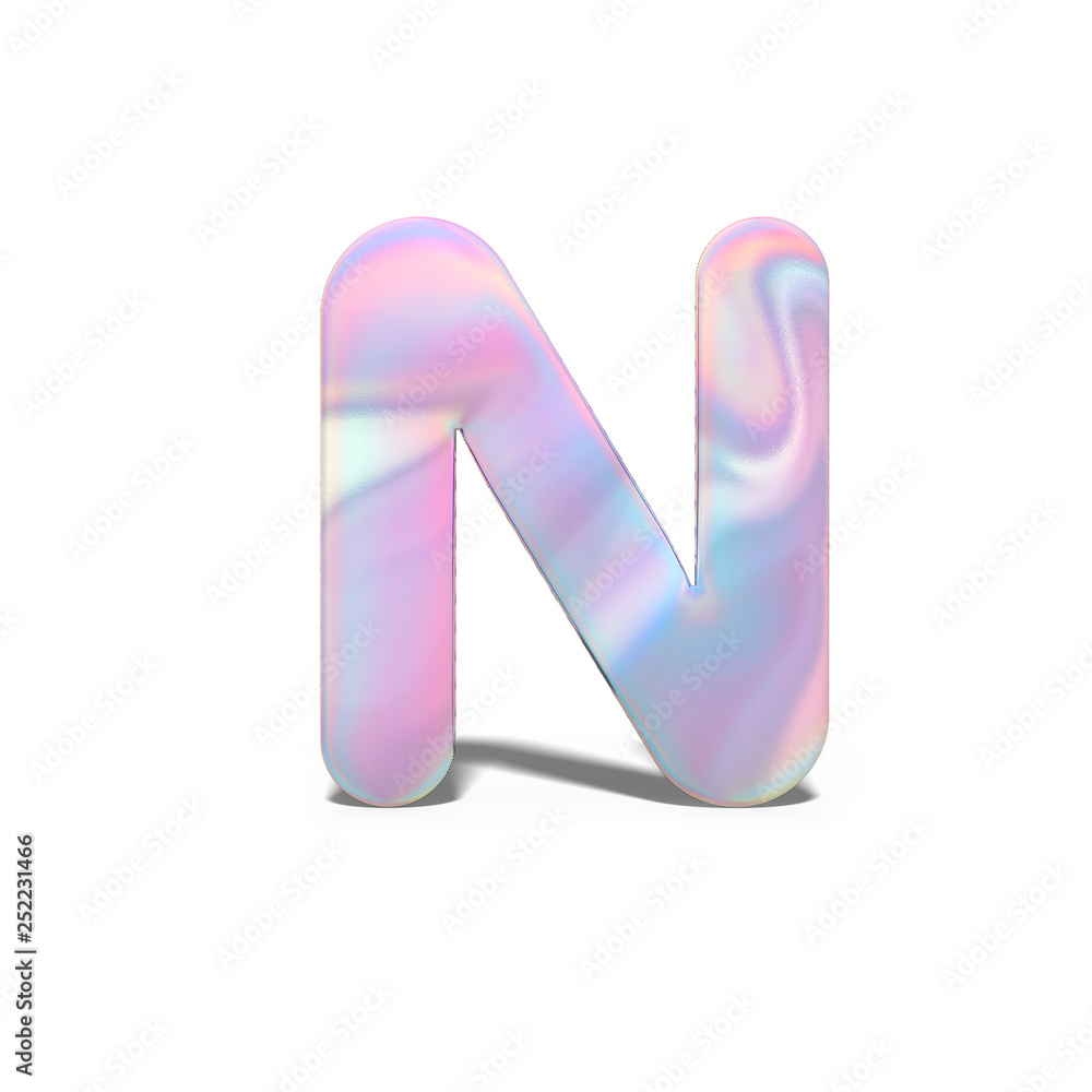 Abstract 3d capital letter N in bright holographic design. Realistic shiny alphabet on neon blue ...