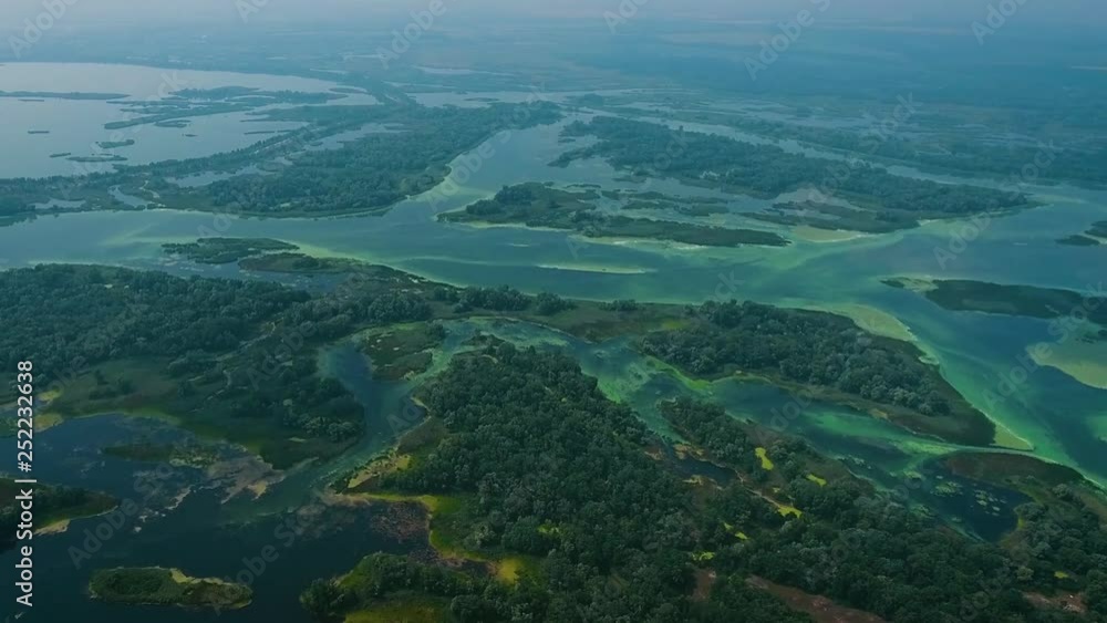 aerial of big river with small islands full of blue green algae Stock ...
