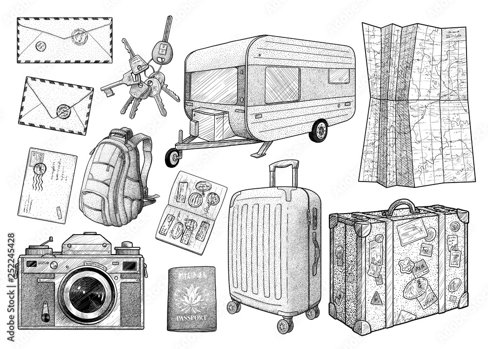 Travel elements collection, illustration, drawing, engraving, ink, line ...