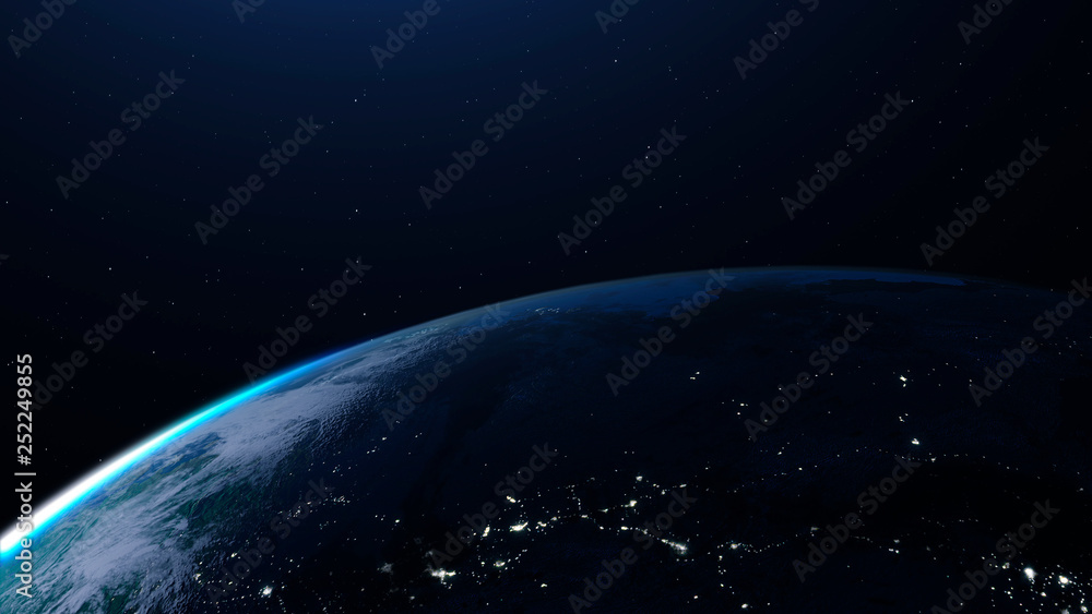 Big planet Earth. The flight above the Earth. View from space. Sunny ...