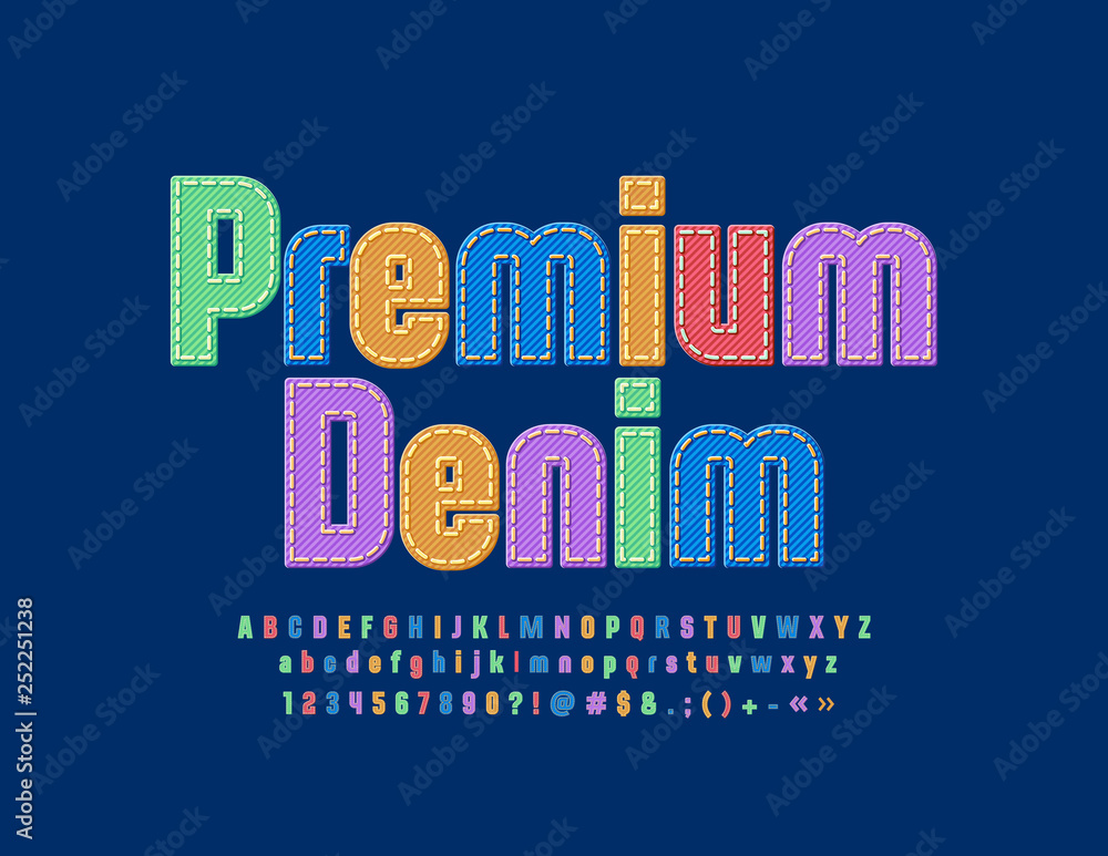 Vector colorful logotype Premium Denim with Fabric Font. Jeans textured ...