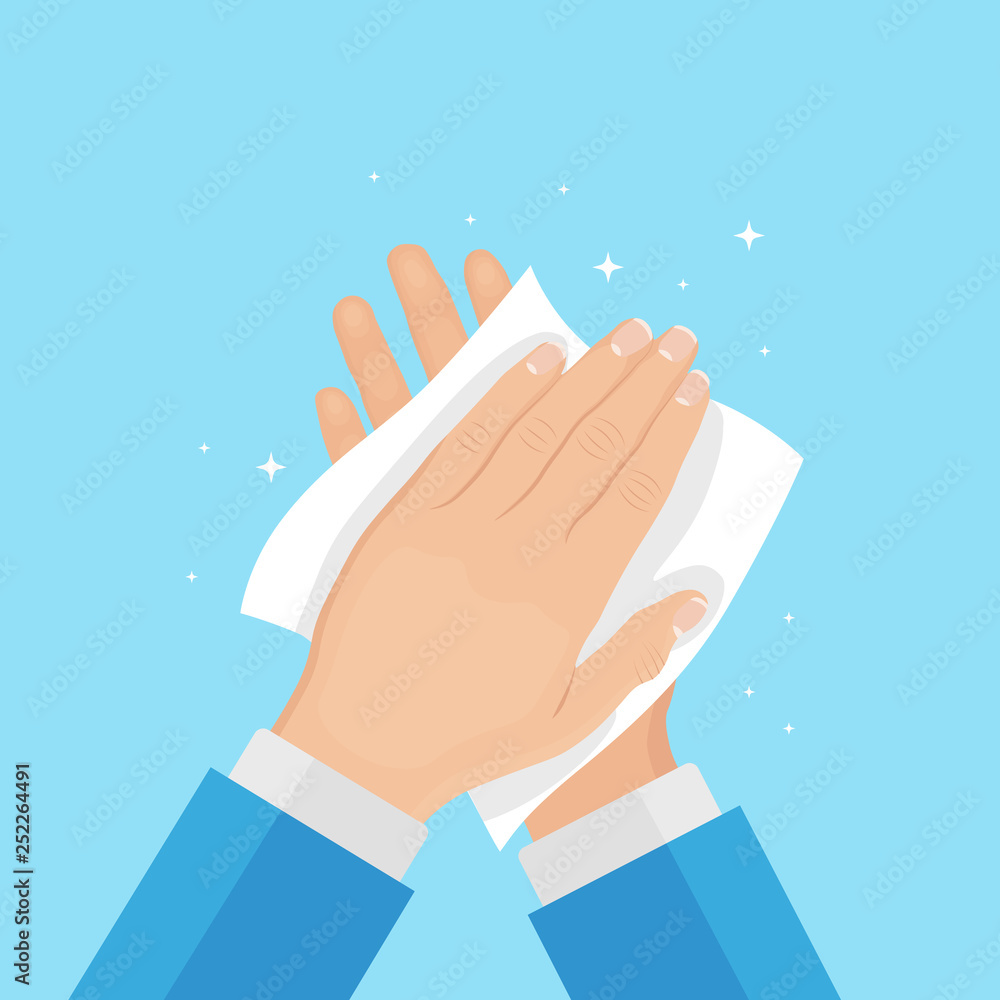 Man wipe, dry clean hands with napkins, paper towel. Hygiene, good habits concept. Vector ...