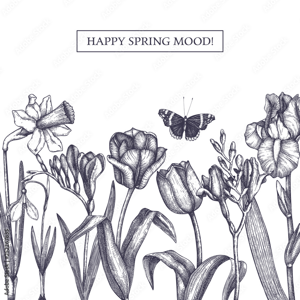 First spring flowers design. Floral elements, buds, leaves drawings ...