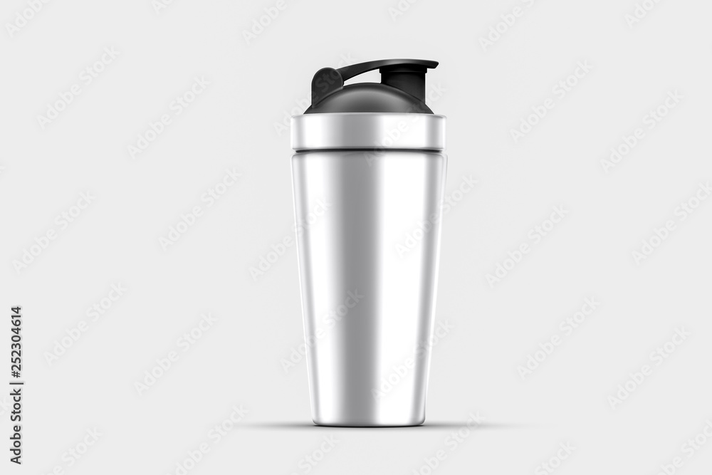 Silver empty glossy metal Shaker for sports nutrition closeup isolated ...