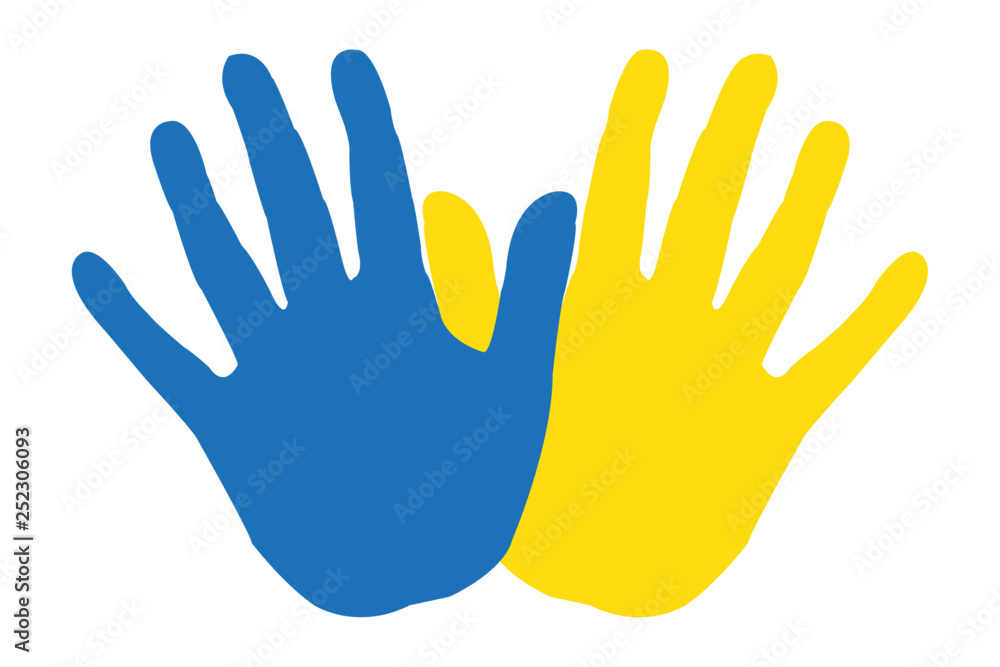 Manos de color azul y amarillo en apoyo al Sindrome de Down. Stock ...