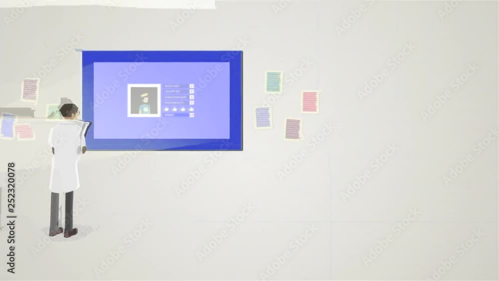Animation of cartoon scientists in front of the screen on white ...