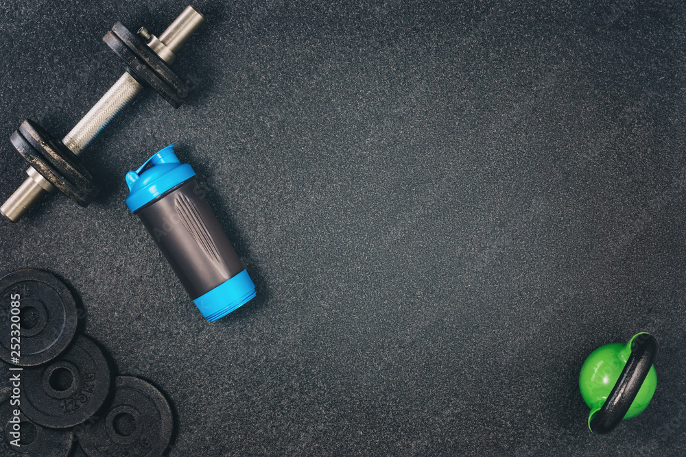 Fitness or bodybuilding concept background. Product photograph of old ...