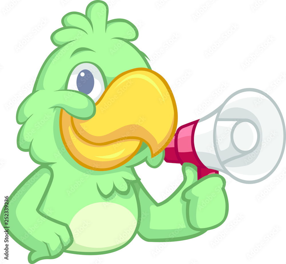 2d cartoon style illustration of chatty parrot speaking into megaphone ...