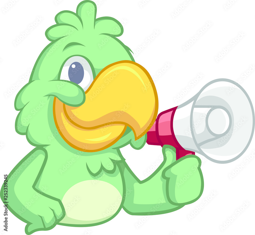 2d cartoon style illustration of chatty parrot speaking into megaphone ...