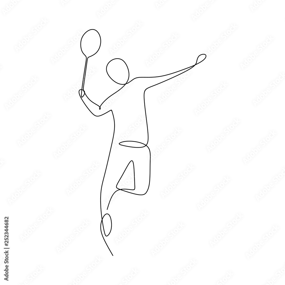 continuous line drawing of a person playing badminton sport game. Stock ...