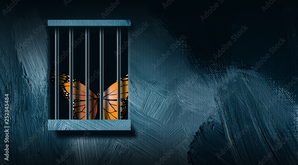 Butterfly behind prison bars graphic abstract background Stock ...