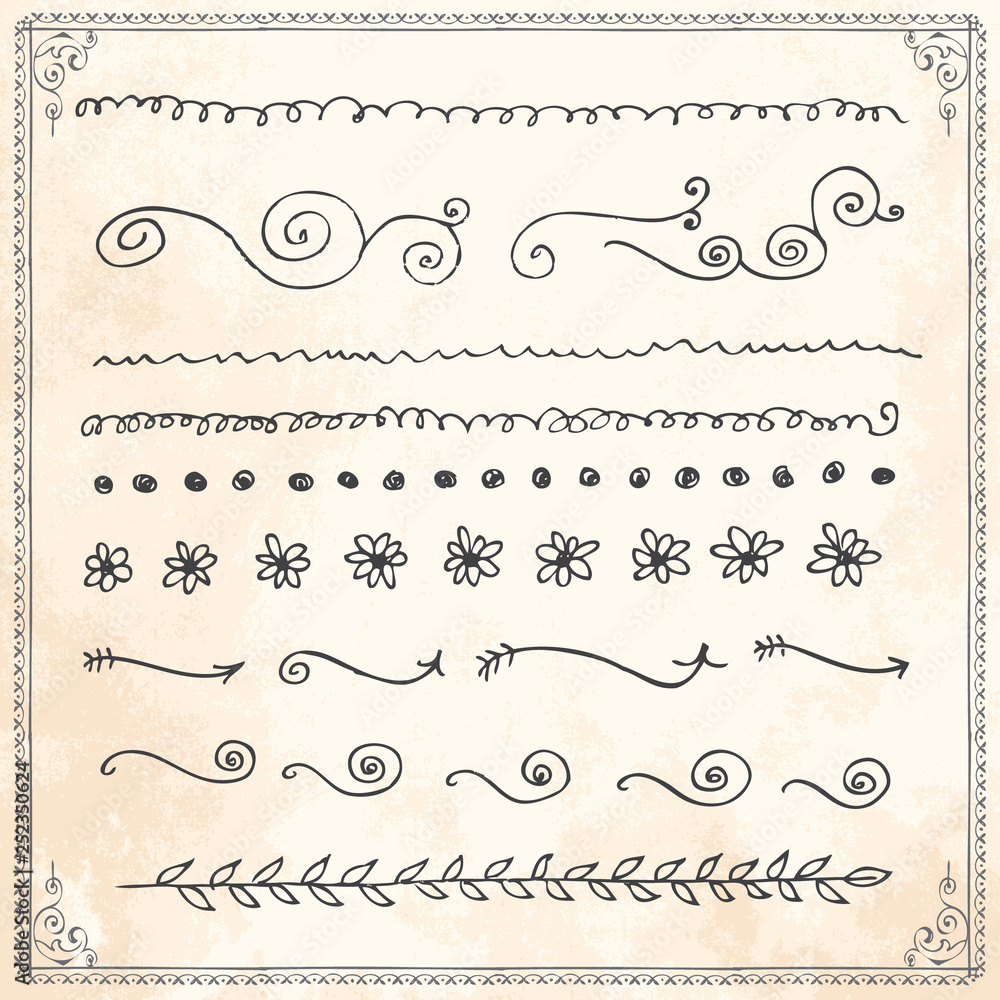Hand drawn line border frame design elements set Stock Vector | Adobe Stock