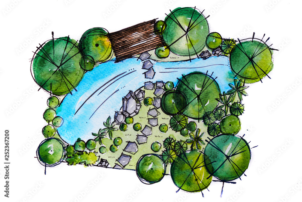 Landscape architect plan design by watercolor hand drawn painting with ...
