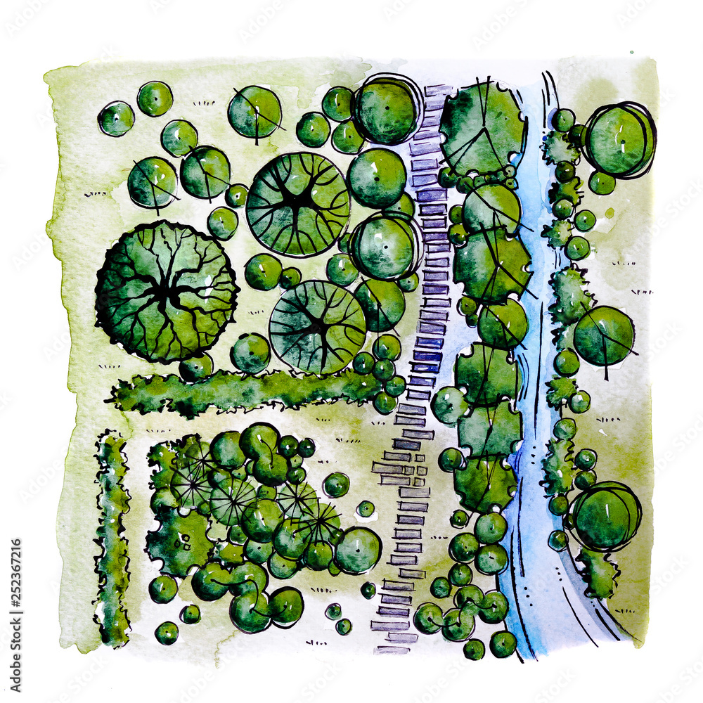 Landscape architect plan design by watercolor hand drawn painting with ...
