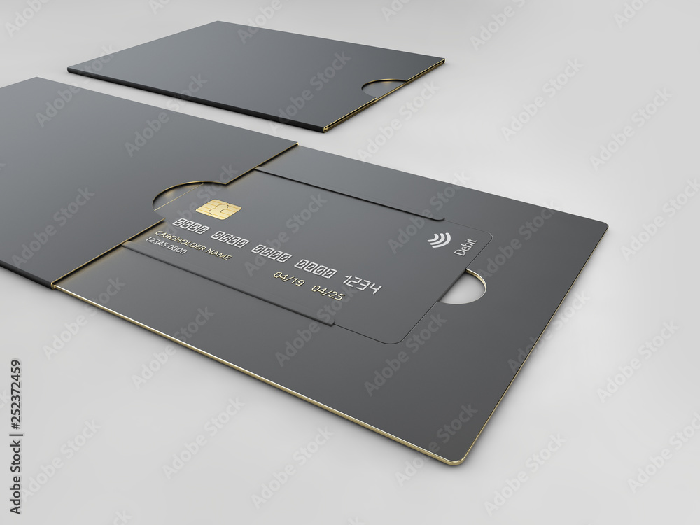 Black blank credit cards mockup on gray background. 3d illustration ...
