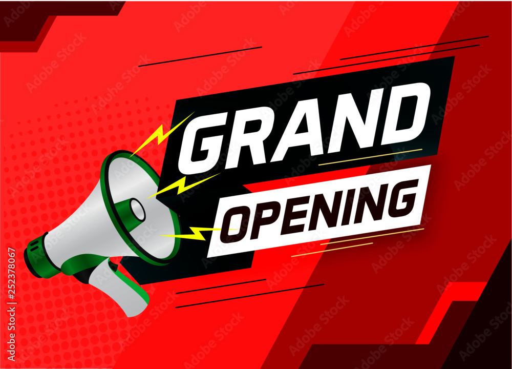 grand opening word concept vector illustration with megaphone and 3d ...