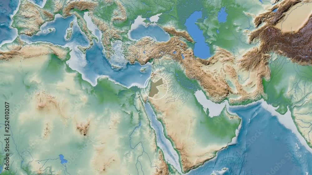 Jordan area presented against the global physical map in the Kavrayskiy ...