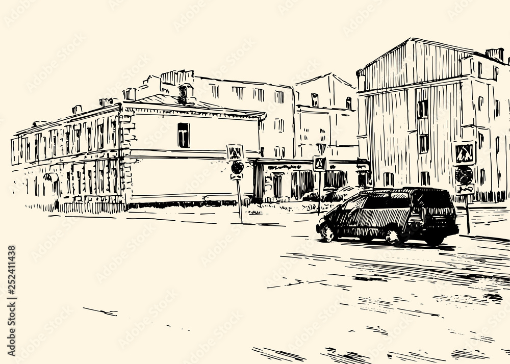 Vector city street scene. Freehand sketch style illustration. Stock ...