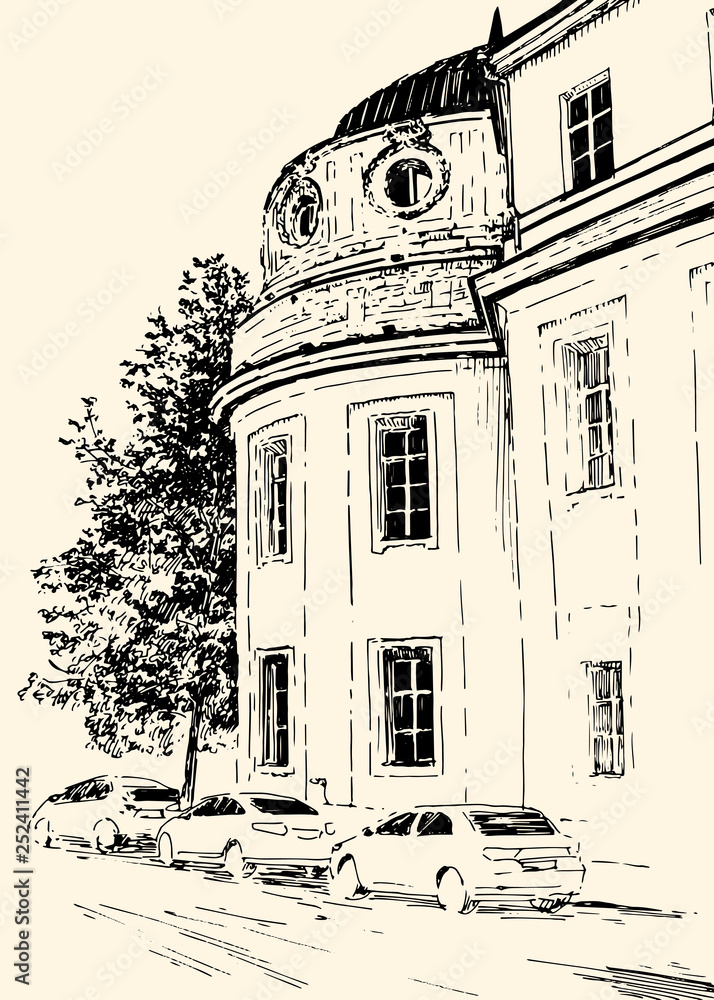 Vector city street scene. Freehand sketch style illustration. Stock ...