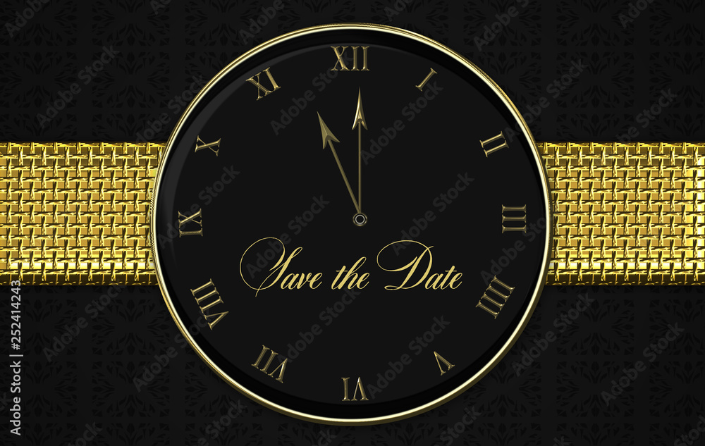 Save the date invitation; Clock face with gold band Stock Illustration ...