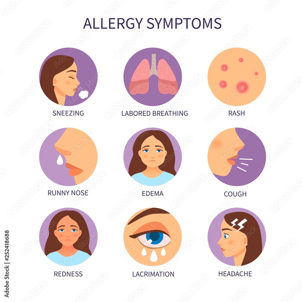 Vector poster allergy symptoms. Illustration of cartoon girl with ...