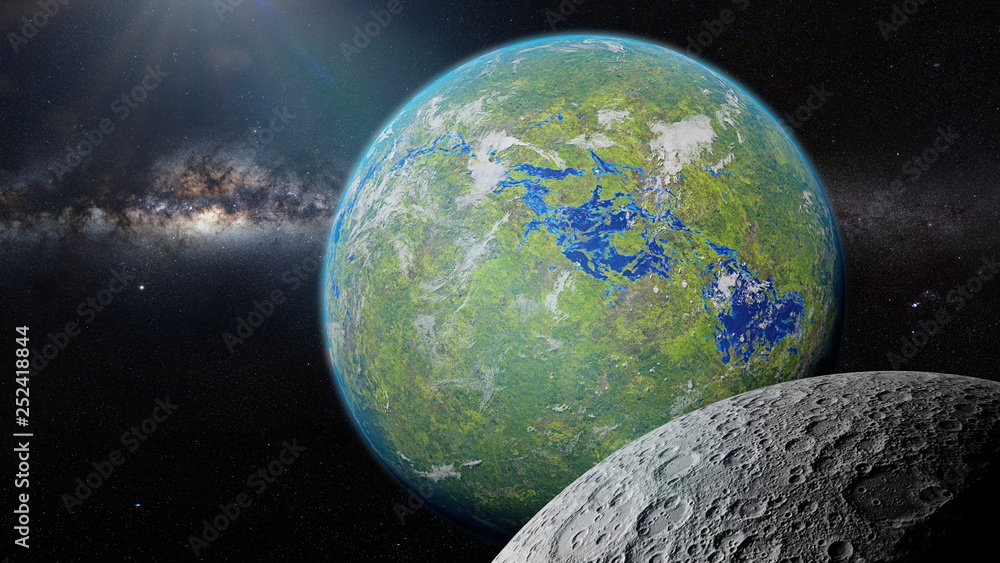 green alien planet with moon, exoplanet with surface water and plant ...