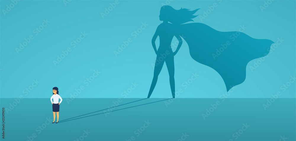 Business woman with big shadow superhero. Super manager leader in ...