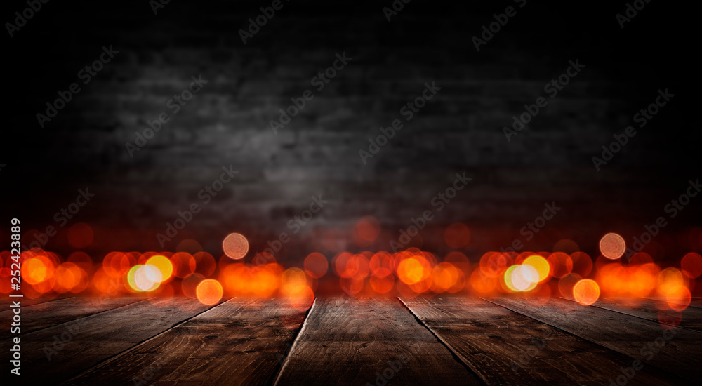 Empty dark room scene. Old brick wall and wooden floor. Blur bokeh ...