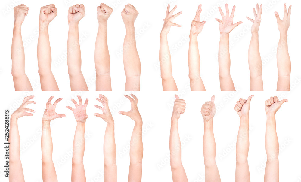 Multiple Male Caucasian hand gestures isolated over the white ...