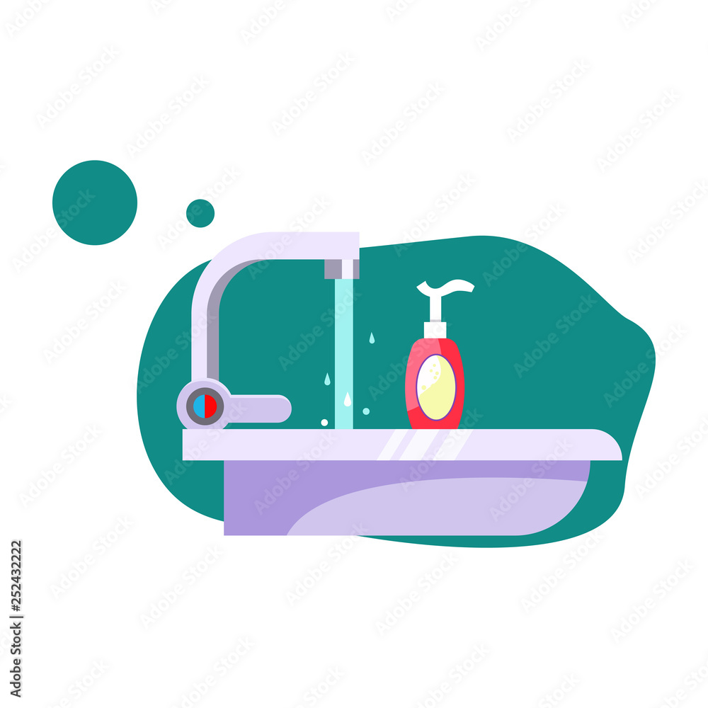 Bathroom sink illustration. Water, tap, soap. Hygiene concept. Vector ...
