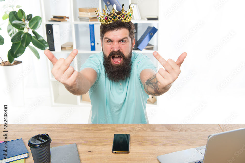 Go to hell. Aggressive boss shouting show middle finger gesture. Man ...