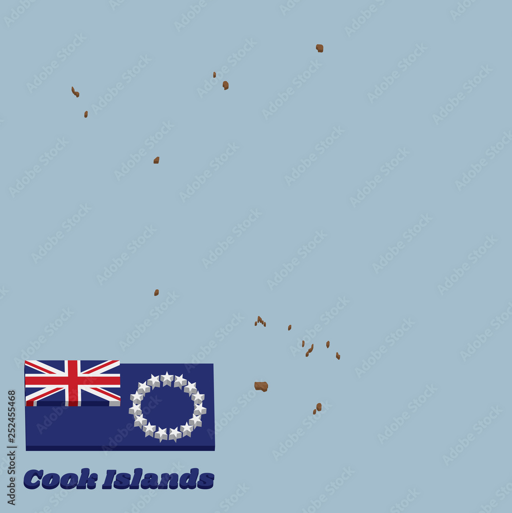 3D Map outline and flag of Cook Islands, Blue ensign with a ring of ...