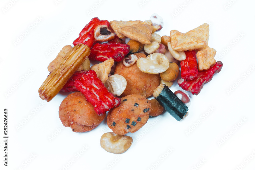 Mix of Japan snacks isolated on white background. Including tempura ...