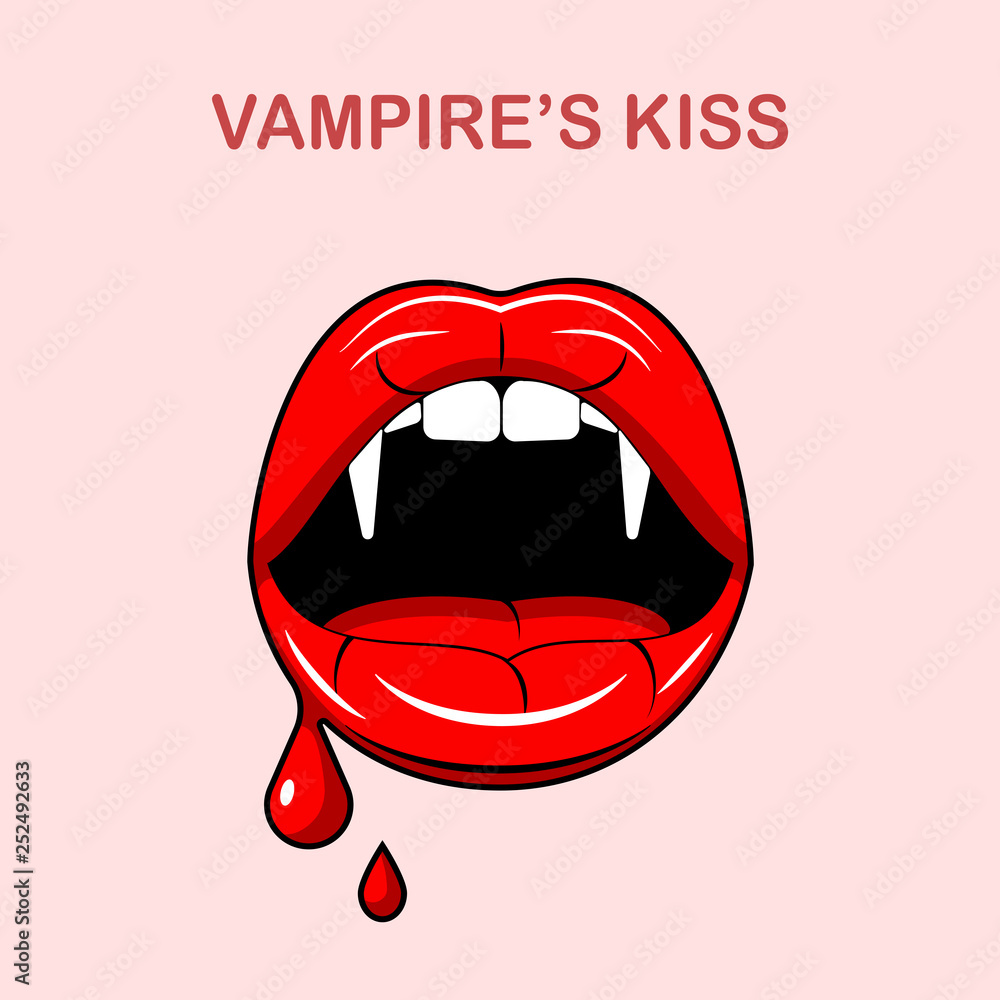 Vampire teeth with blood isolated on white background. Sexy lips, kiss ...