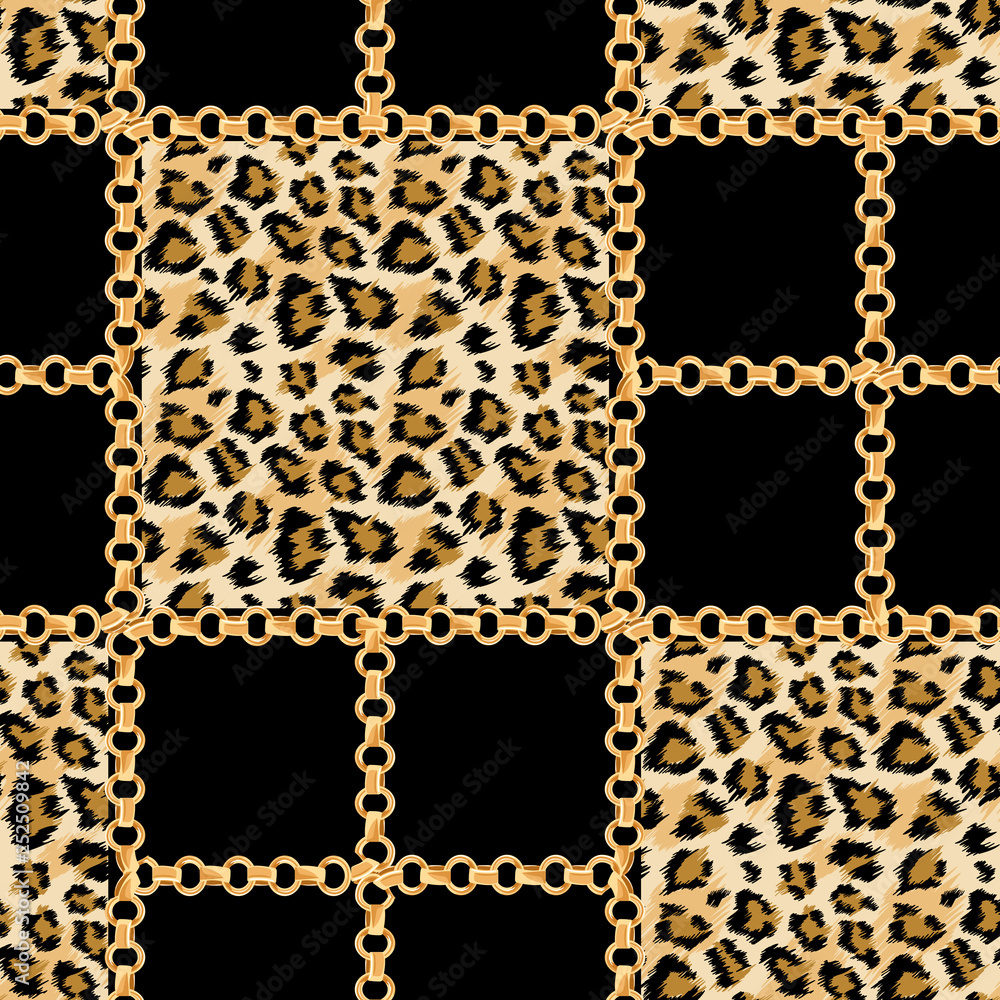 Luxury Fashion Fabric Seamless Pattern with Golden Chains and Leopard ...