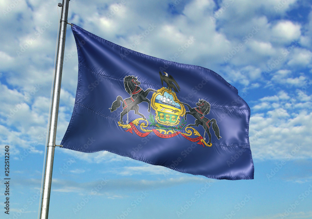 Pennsylvania state of United States flag waving sky background 3D ...