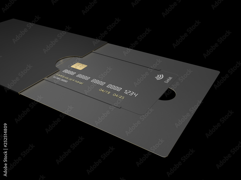 Black blank credit cards mockup isolated on black background 3d ...