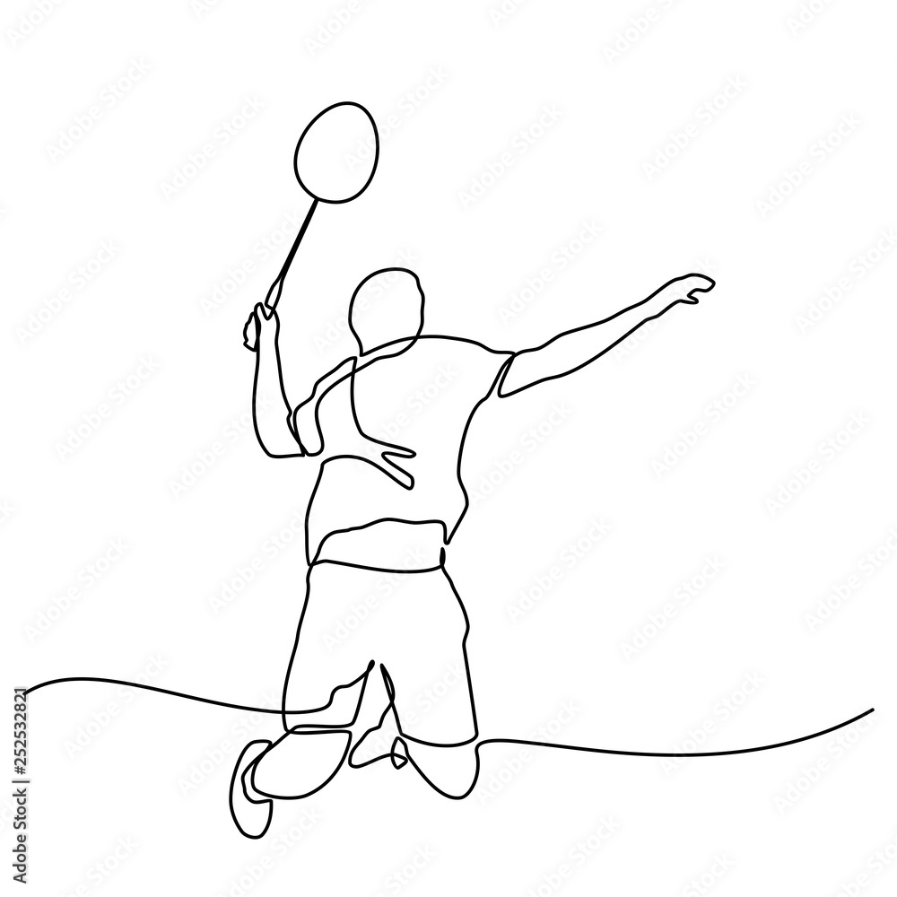 Continuous one line drawing of a teenage man playing Badminton players ...