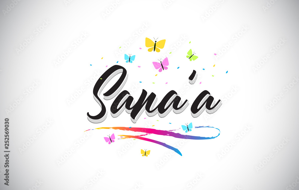 Sana’a Handwritten Vector Word Text with Butterflies and Colorful ...