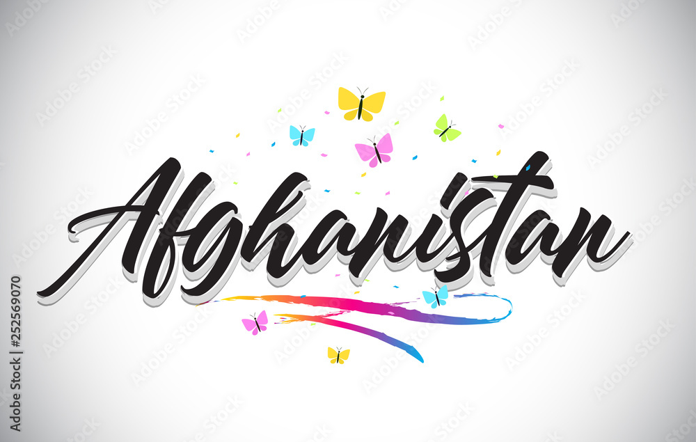 Afghanistan Handwritten Vector Word Text with Butterflies and Colorful ...