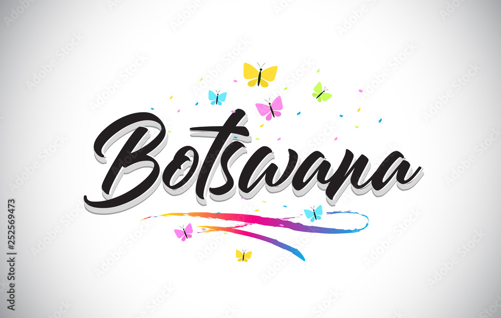 Botswana Handwritten Vector Word Text with Butterflies and Colorful ...