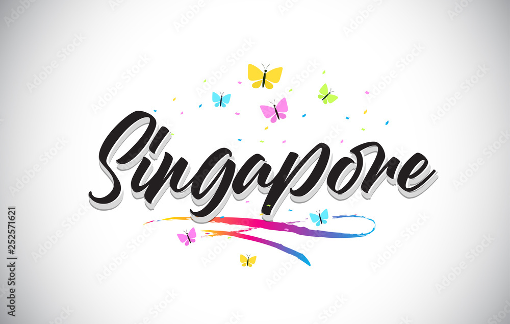 Singapore Handwritten Vector Word Text with Butterflies and Colorful ...